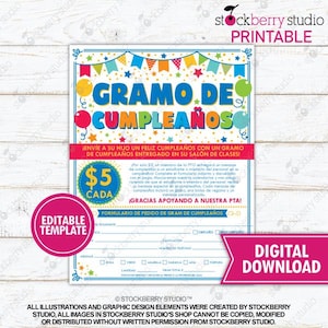 Birthday Gram Order Form Flyer Printable Balloon School Fundraiser PTO ...