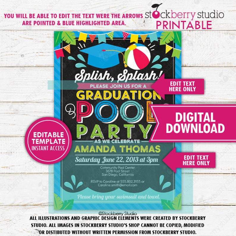 Pool Party Graduation Invitation Printable College Senior High | Etsy