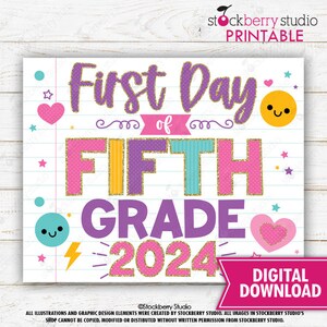 First Day of 5th Grade Sign Girl First Day of Fifth Grade Printable 1st ...