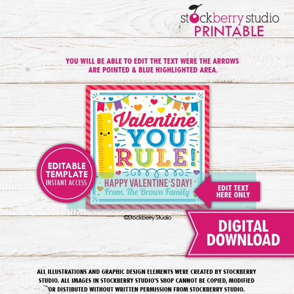 Valentine's Day Ruler Gift Tag Printable Valentine You Rule Kids ...