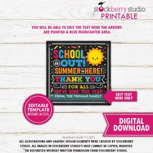 Teacher Thank You Tag Printable School is Out Summer is Here Teacher ...