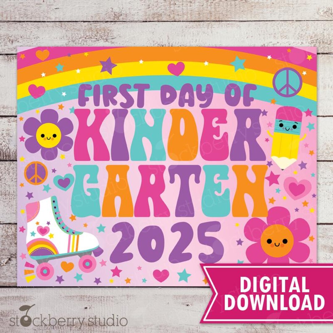 Retro First Day of Kindergarten Sign Rainbow Boho Roller Skate Girl 1st ...