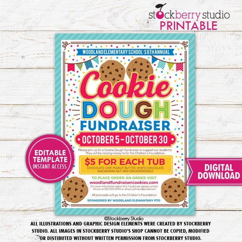 Cookie Dough Fundraiser Flyer Printable School PTO PTA Scouts Baked Cookies Sales Church Sports ...
