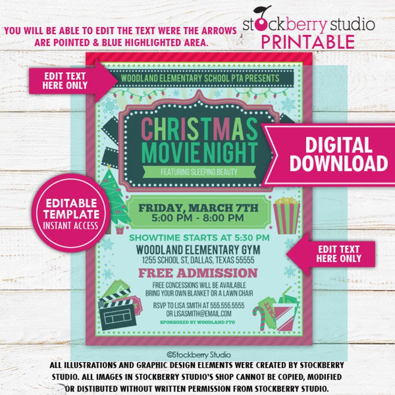 Christmas Movie Night Flyer Invitation Church Event Holiday School ...