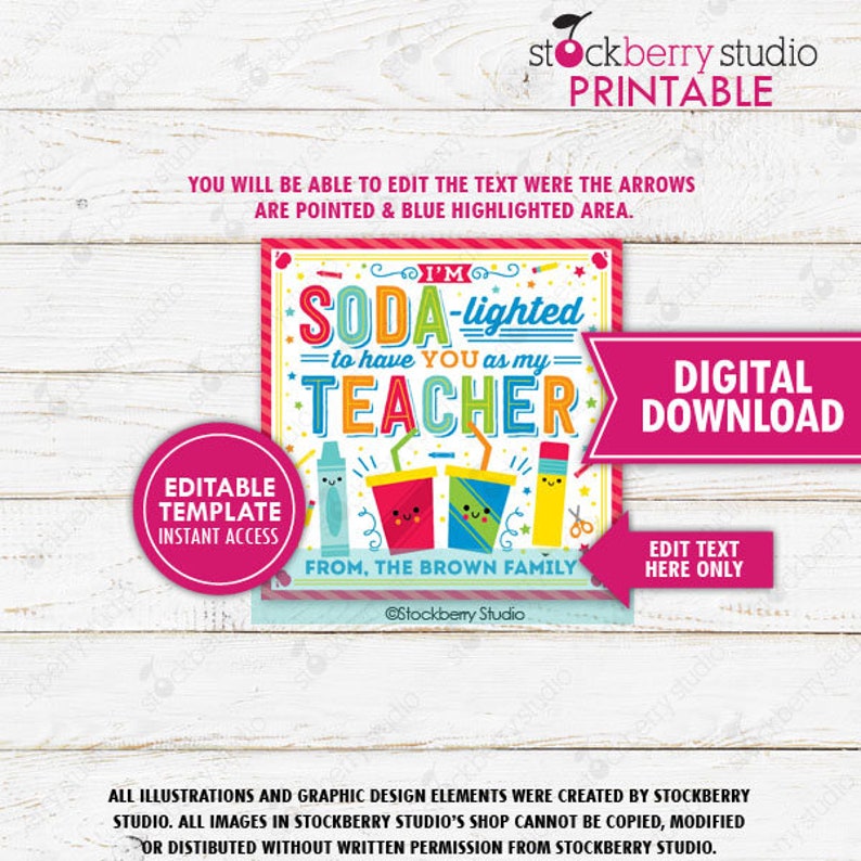 Teacher Gift Tag Printable Soda-lighted Soda Teacher - Etsy