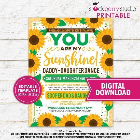 Sunflower Daddy Daughter Dance Flyer Printable You Are my Sunshine PTO ...