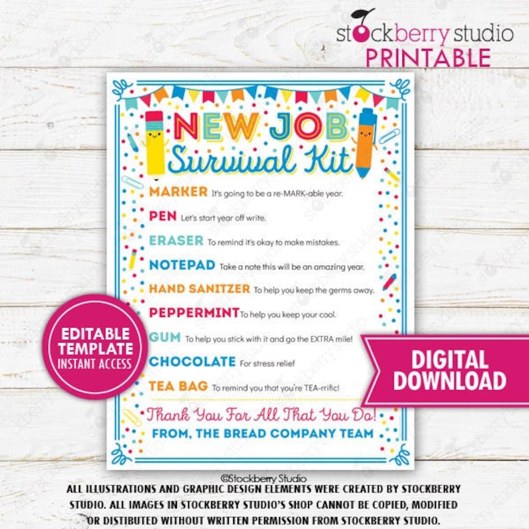 New Job Survival Kit Printable Career Congratulations Gift Idea Staff ...
