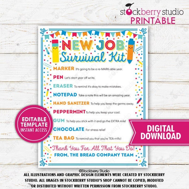 New Job Survival Kit Printable Career Congratulations Gift Idea Staff ...