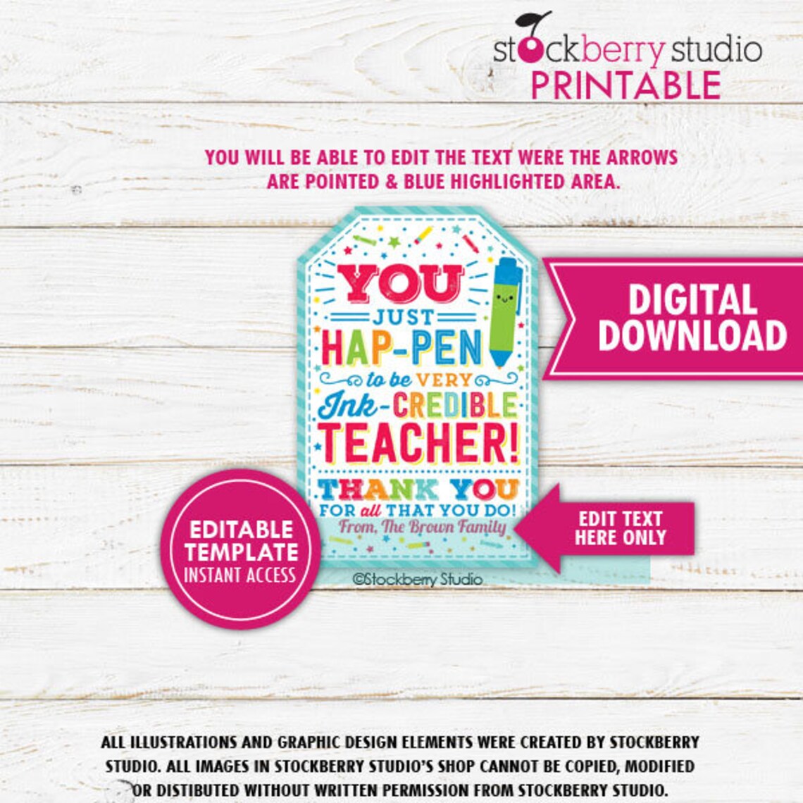 Teacher Pen Gift Tag Printable Teacher Thank You Tag Teacher - Etsy