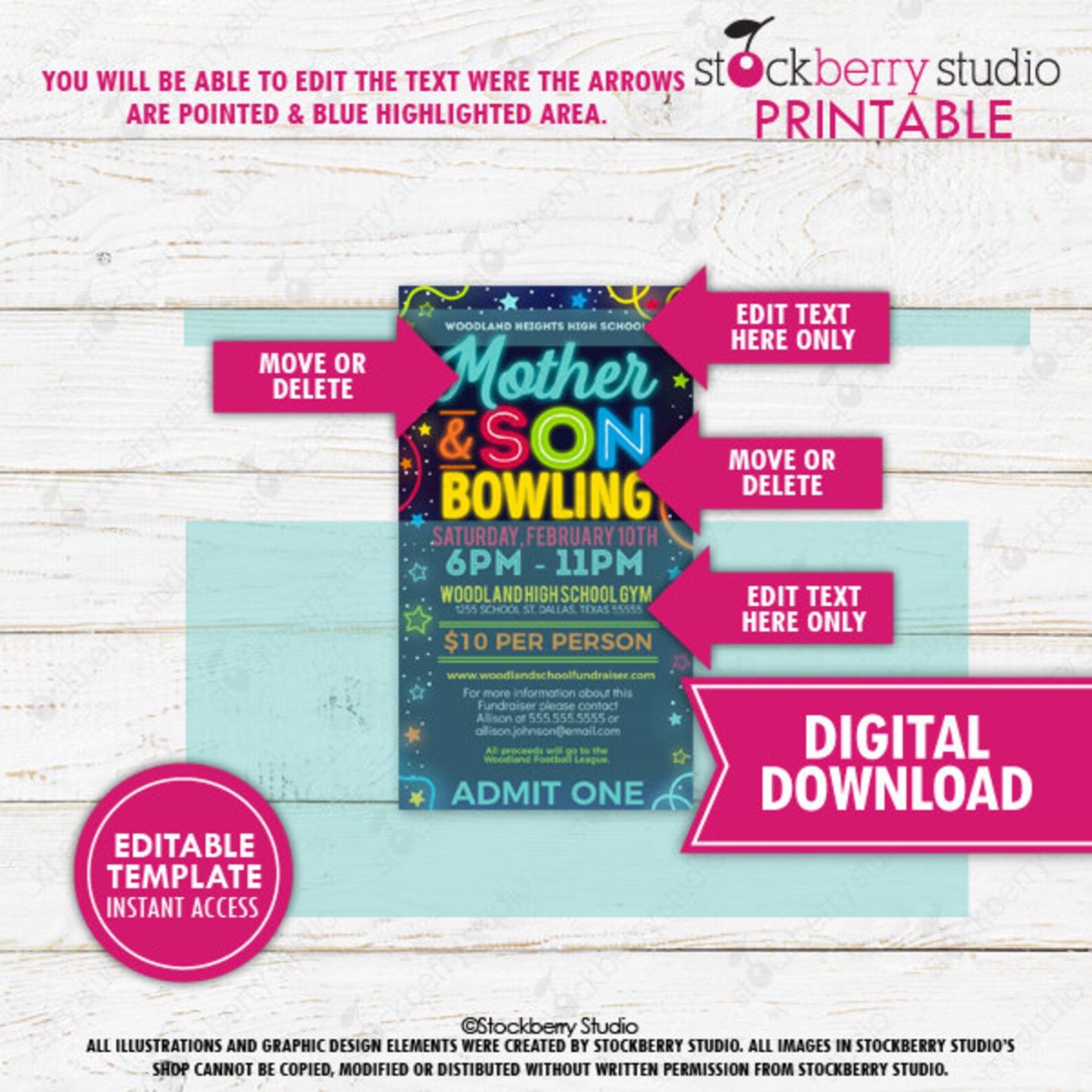 Mother Son Bowling Flyer Ticket Set Printable PTO PTA School Dance ...