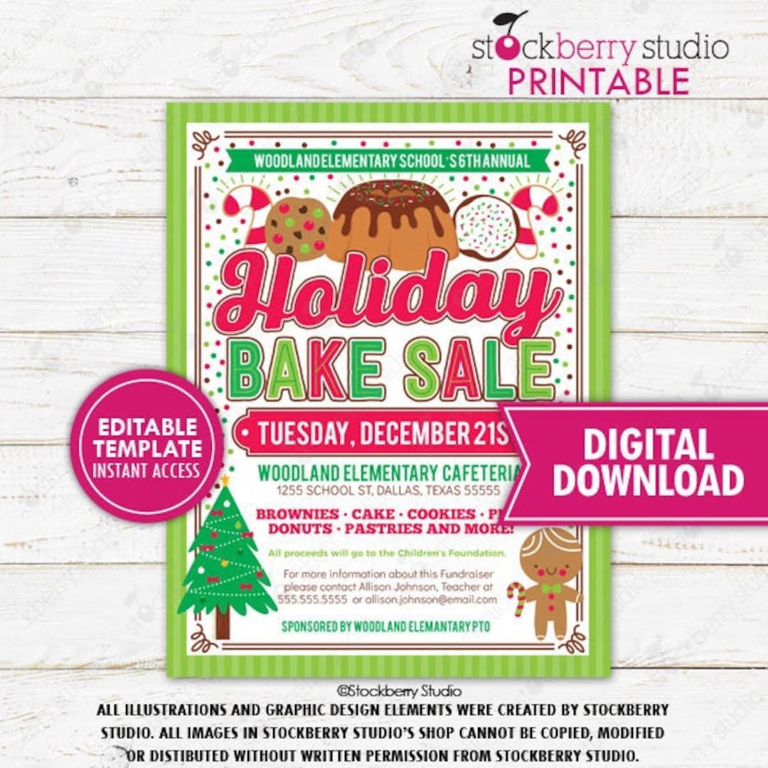Holiday Bake Sale Flyer Printable Christmas Bakery Invitation Template ...