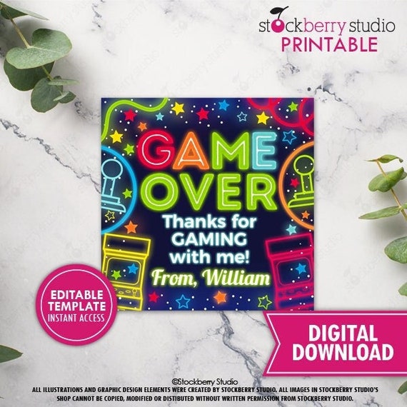 Arcade Party Birthday Party Favor Tags Game Over Video Gaming Thank You ...