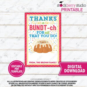 Bundt Cake Gift Tag Printable Thank You Tag Thanks a Bundt'ch Teacher ...