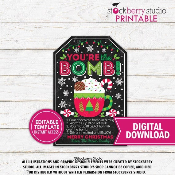 Christmas Hot Chocolate Bomb Gift Tag Hot Cocoa Recipe Label Holiday ...