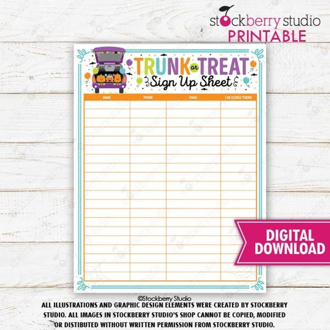 Trunk or Treat Car Volunteer Sign up Sheet Form Printable Kids ...