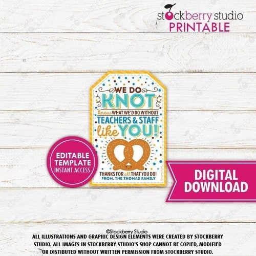 Editable Pretzel Knot Gift Tag Teacher Appreciation Tag Nurse - Etsy