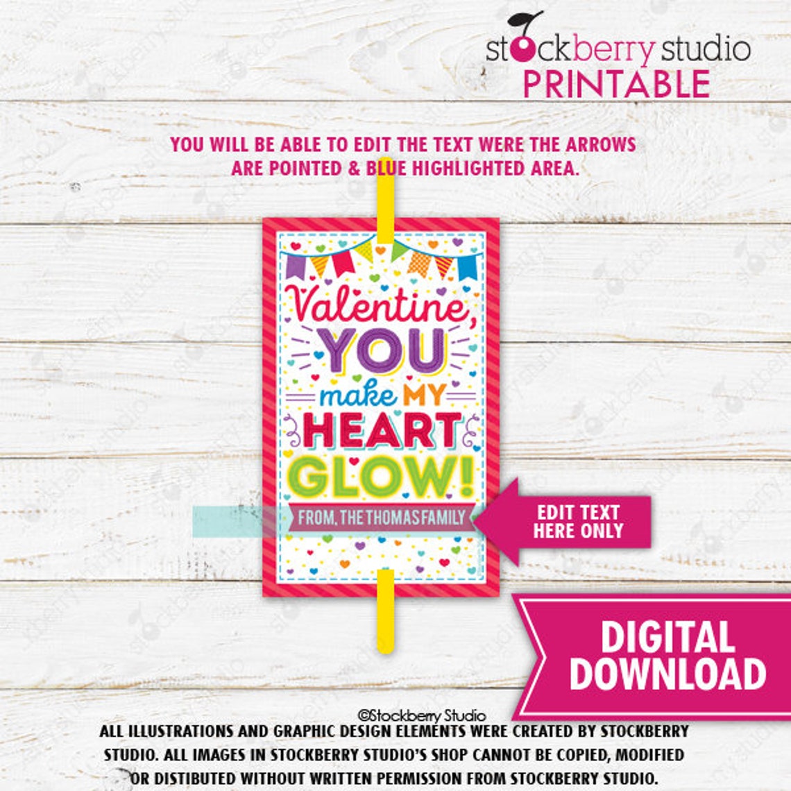 Valentine's Day Glow Stick Tag Printable Valentine You Make My Heart ...