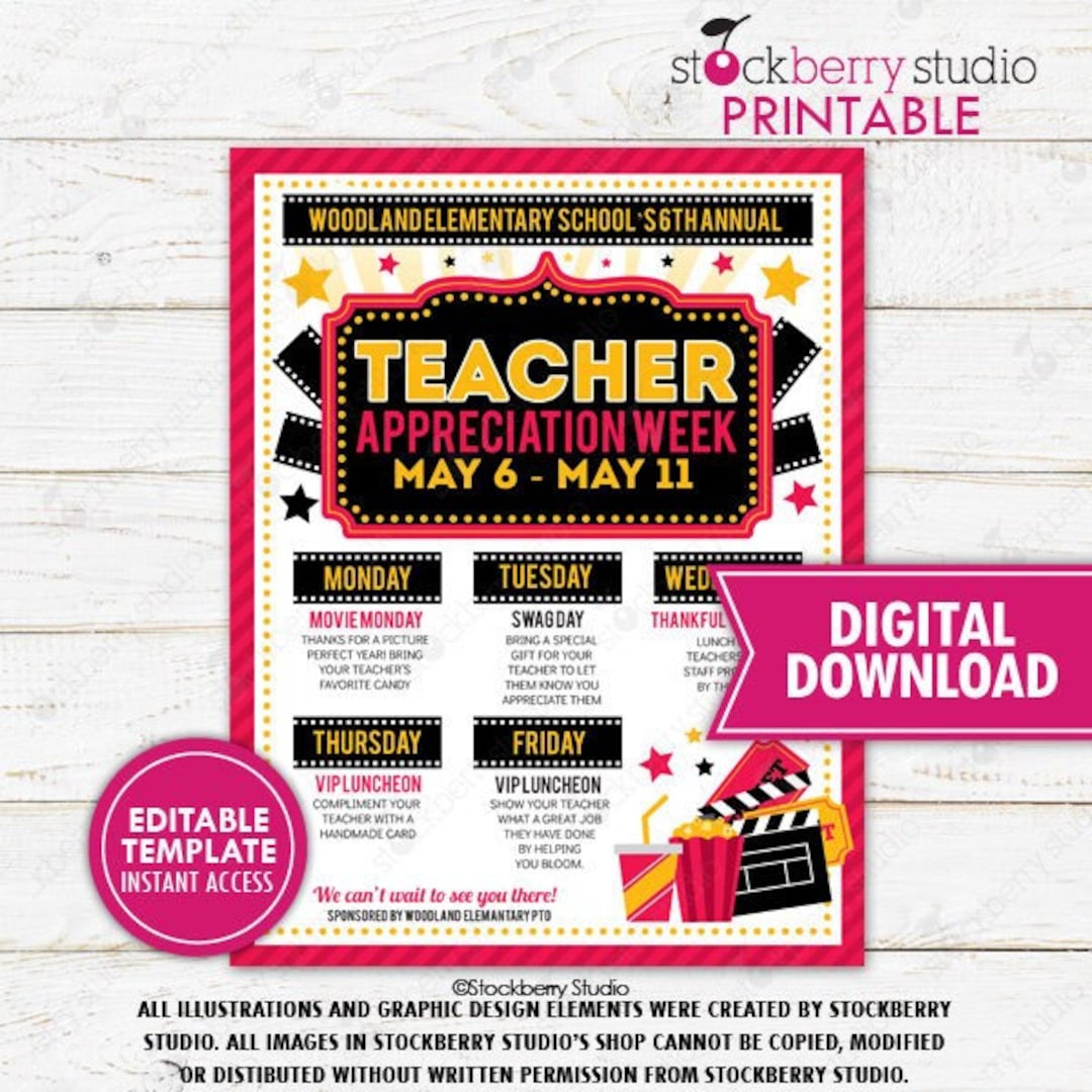 Hollywood Movie Teacher Appreciation Week Schedule Itinerary Flyer ...