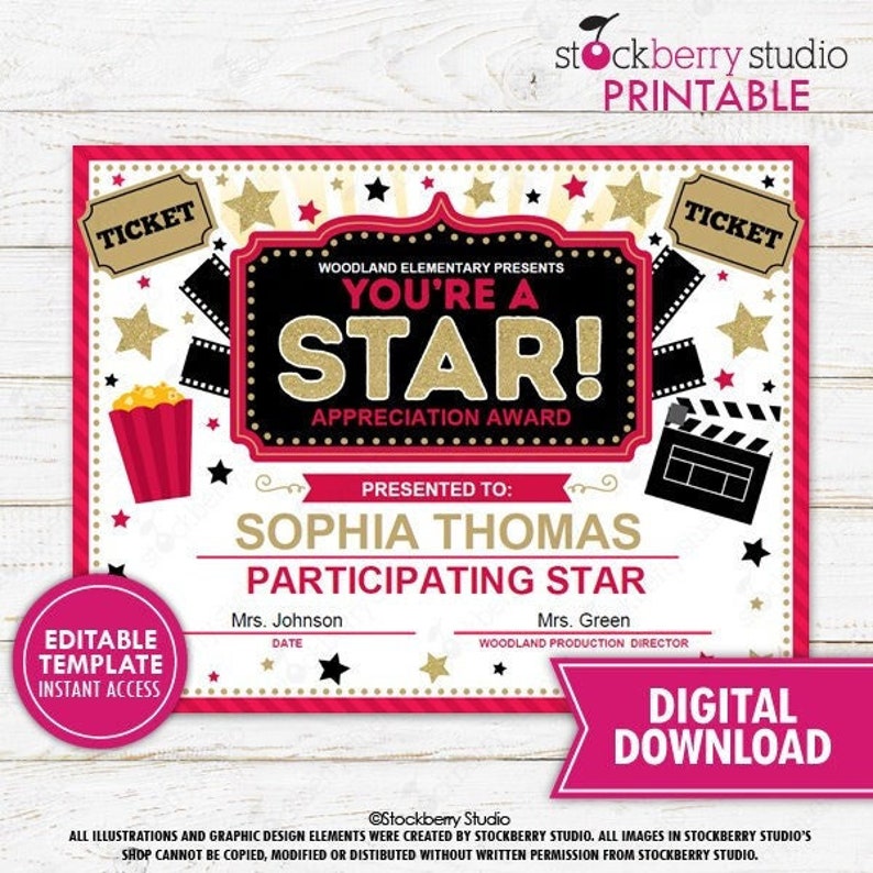 Hollywood Movie VIP Teacher Appreciation Award Certificate Printable ...