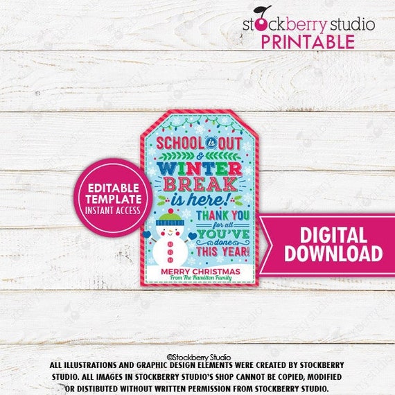 Christmas School is Out Winter Break Teacher Gift Tag Printable Holiday ...
