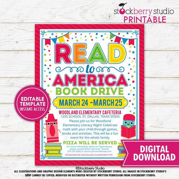 Read America Book Drive Flyer Printable Library School PTO PTA Literacy ...