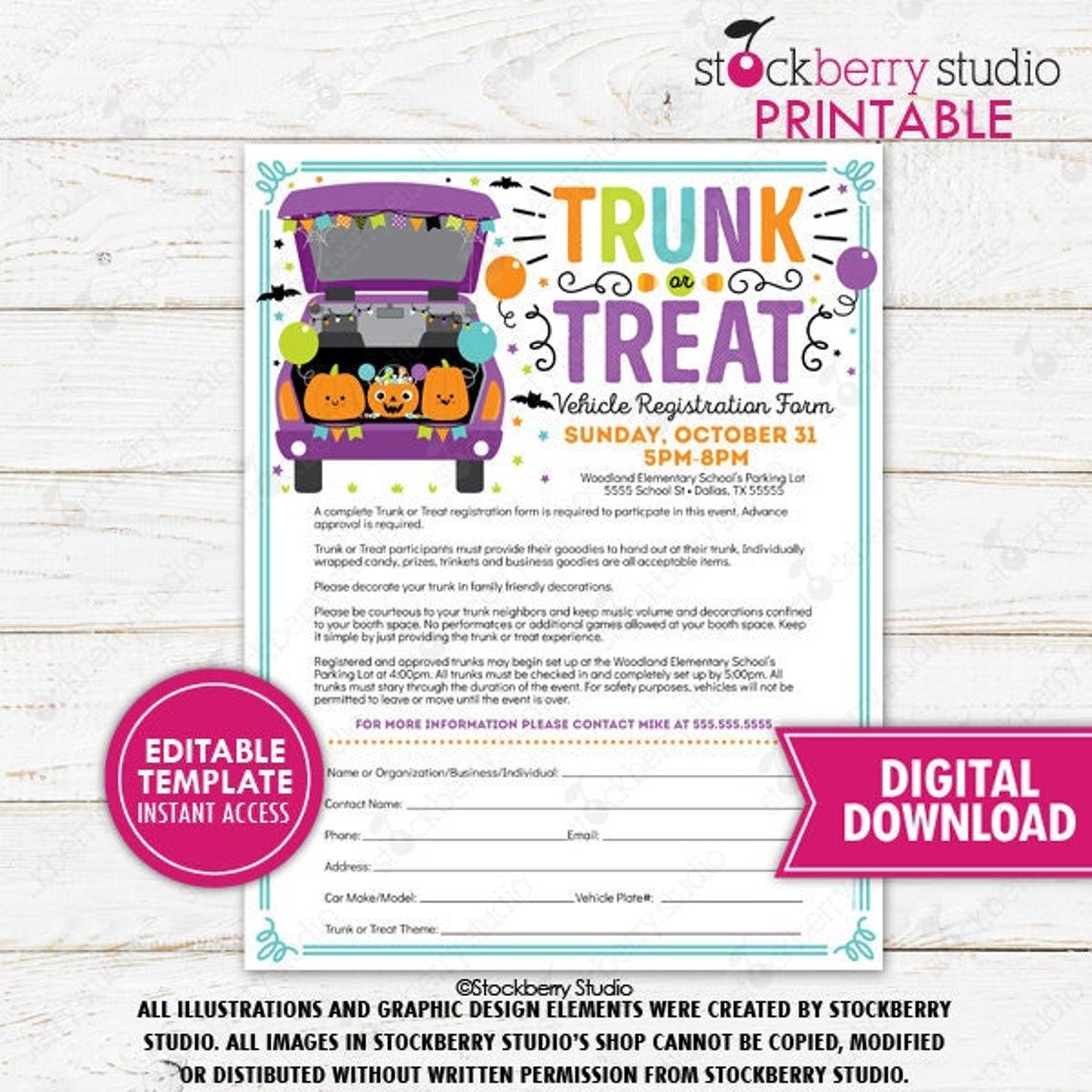Halloween Trunk or Treat Car Vehicle Registration Form Kids School Sign ...