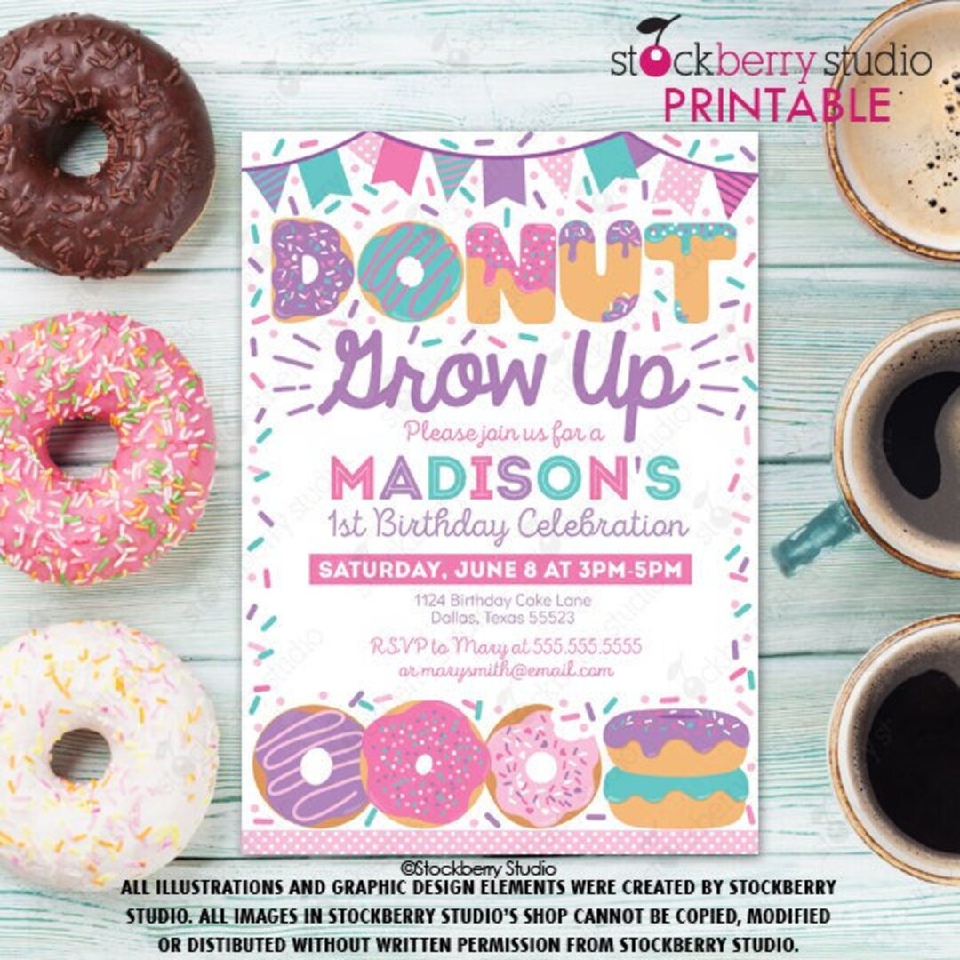 Girl Donut Grow up Birthday Invitation Printed Digital Doughnut Grown ...