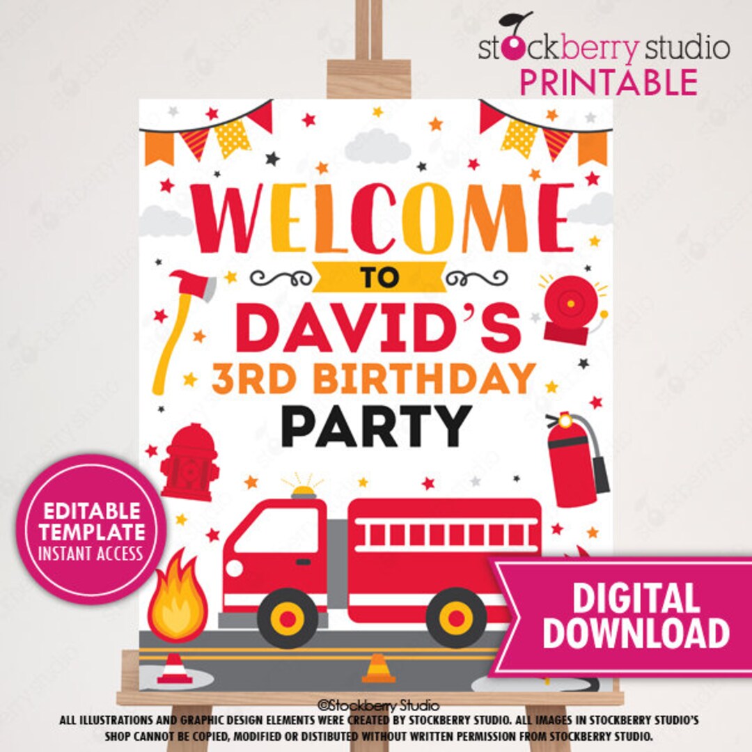 Firetruck Birthday Party Welcome Sign Printable Firefighter Fire Truck ...