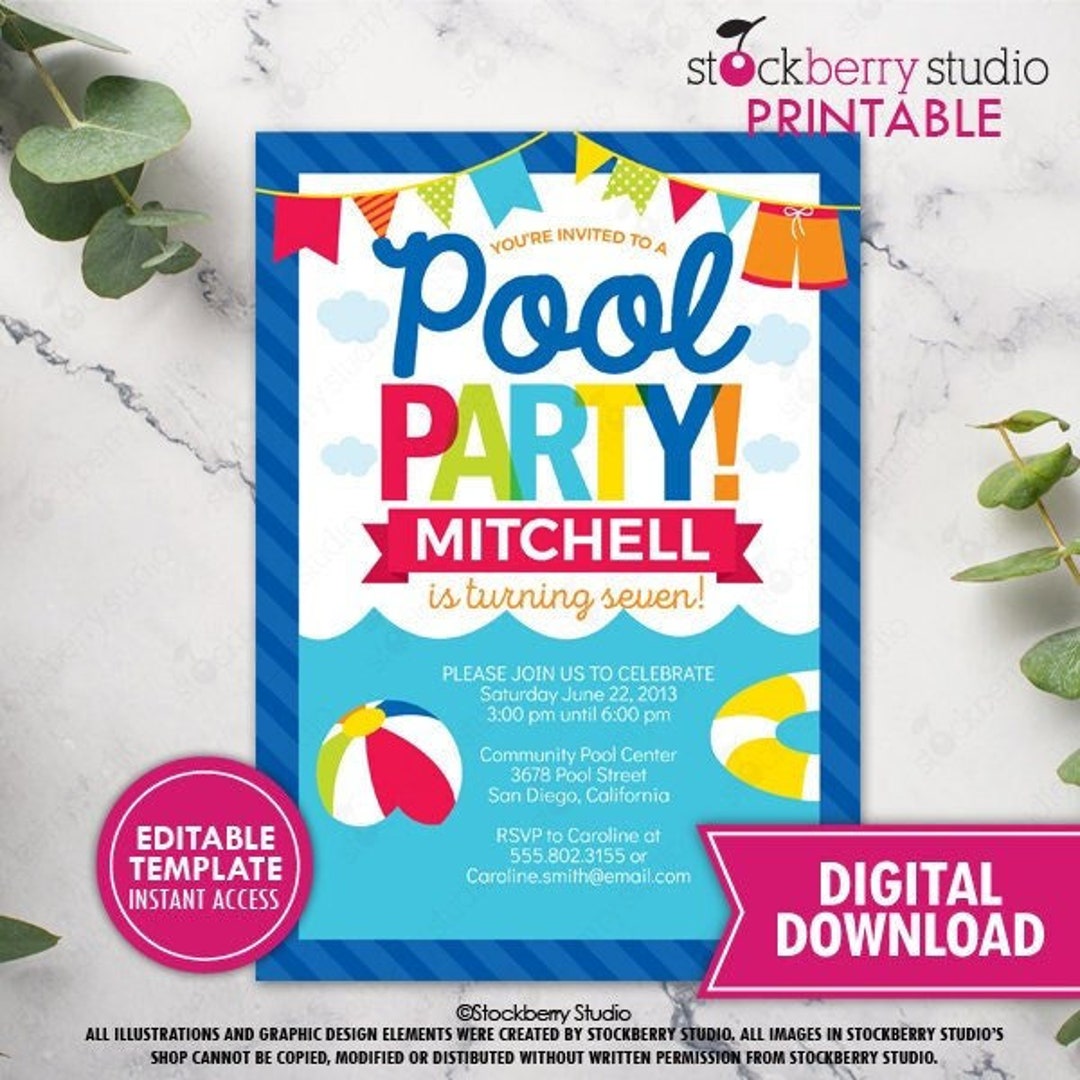 Pool Party Invitation Boy Printable Pool Birthday Party Invitation ...