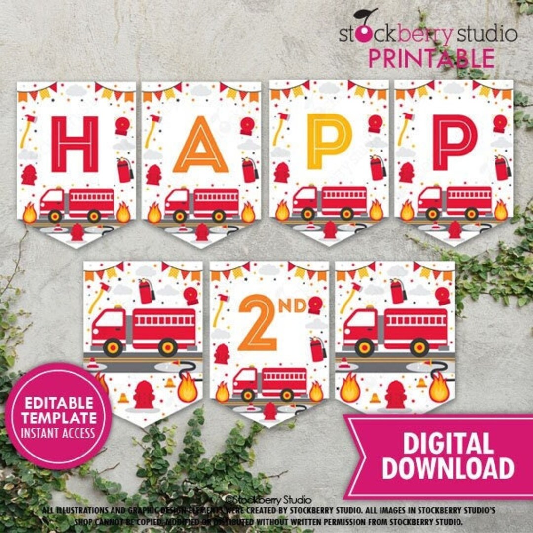 Fire Truck Birthday Banner Firetruck Happy Birthday Garland Banner ...
