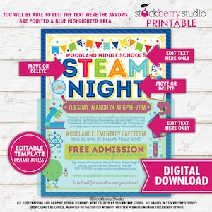 Family Steam Night Flyer Printable Tech Math Science Educational PTO ...