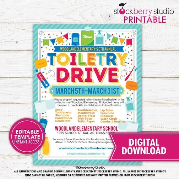 Toiletry Drive Flyer Printable Template Toiletries Fundraiser Invite ...