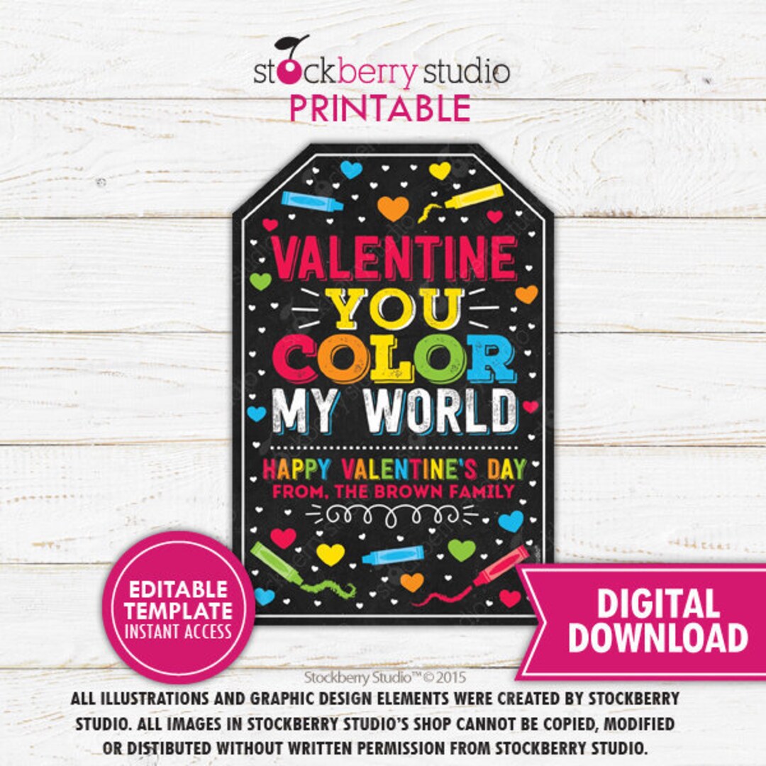 Valentine Crayon Gift Tag Printable You Color My World Valentine Marker ...