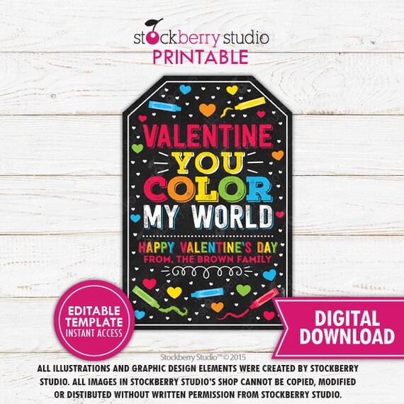Valentine Crayon Gift Tag Printable You Color My World Valentine Marker ...