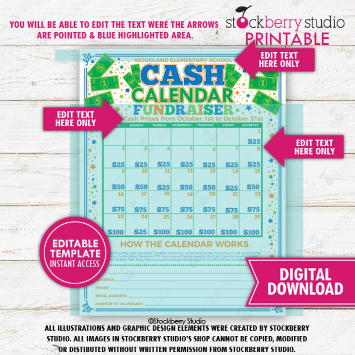 Cash Calendar Fundraiser Flyer Printable Handout Sheet Take - Etsy