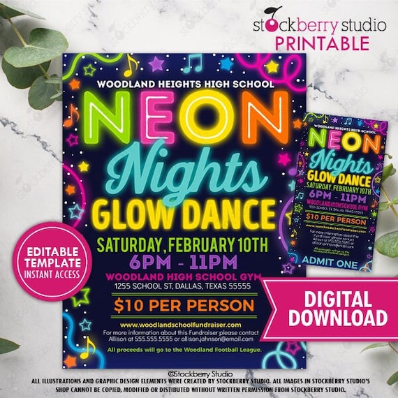 Neon Nights Glow Dance Flyer Ticket Set Printable High School Party ...