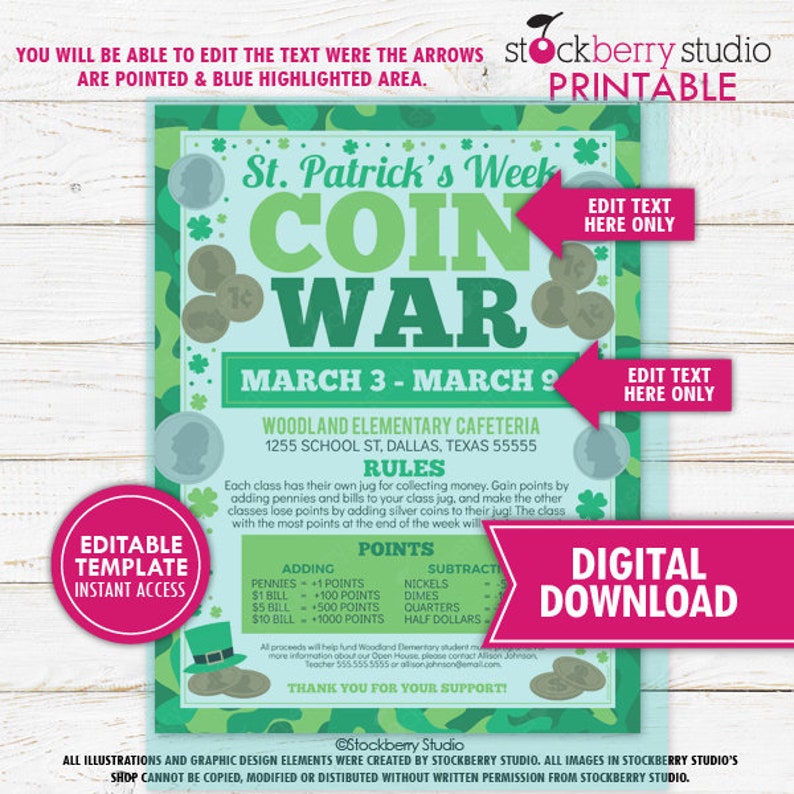 St Patricks Day Coin War Fundraiser Flyer School PTO PTA Charity ...