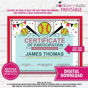 Softball Award Certificate Printable End of Season Team Awards T-ball ...