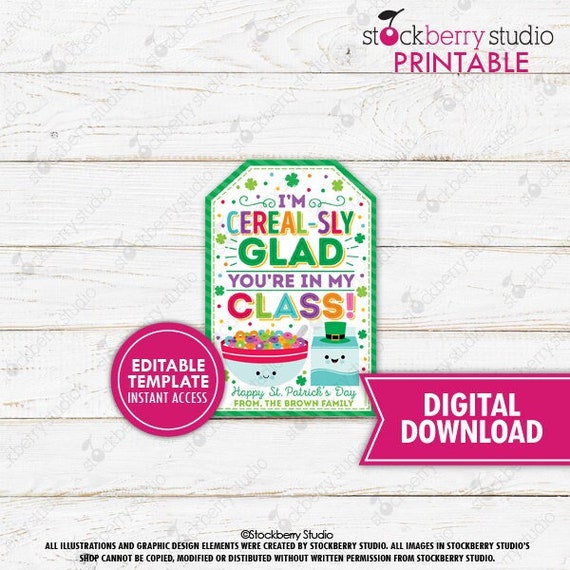 St Patrick's Day Cereal Bar Gift Tag Printable Student Appreciation ...