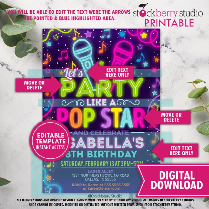 Pop Star Birthday Invitation Girl Neon Glow in the Dark Music - Etsy
