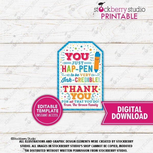 Pen Gift Tag Printable Pen Thank You Tag Teacher Appreciation - Etsy