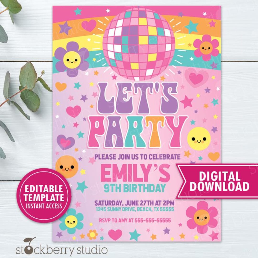Disco Birthday Invitation Girl Groovy Hippie Retro 70s Tween Teen Kids ...