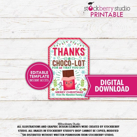 Christmas Chocolate Thank you Gift Tag Thanks a Choco-Lot Label Staff ...