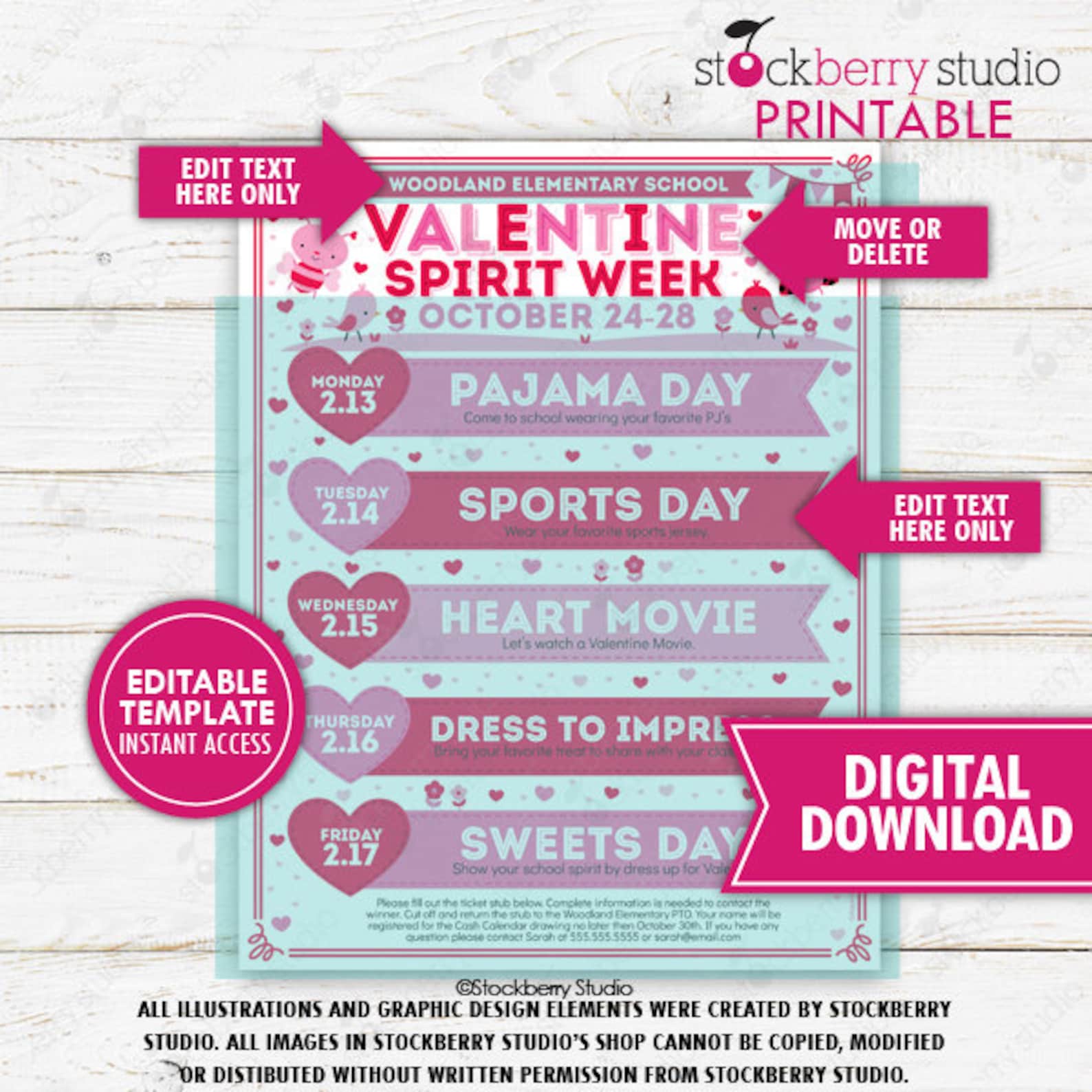 Valentine School Spirit Week Itinerary Flyer Printable Calendar ...