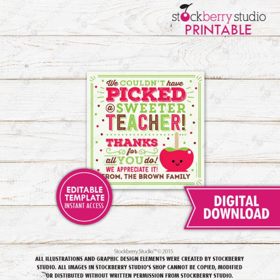 Teacher Gift Tag Thank You Gift Tag Candy Apple Staff PTO PTA School ...