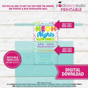 Neon Nights Glow Dance Flyer Ticket Set Printable High School Party ...