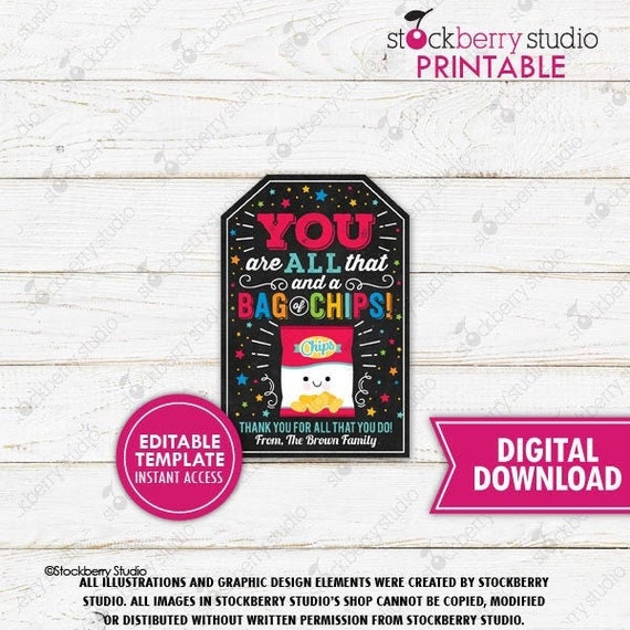 Potato Chips Gift Tag You Are All That and a Bag Teacher Appreciation ...