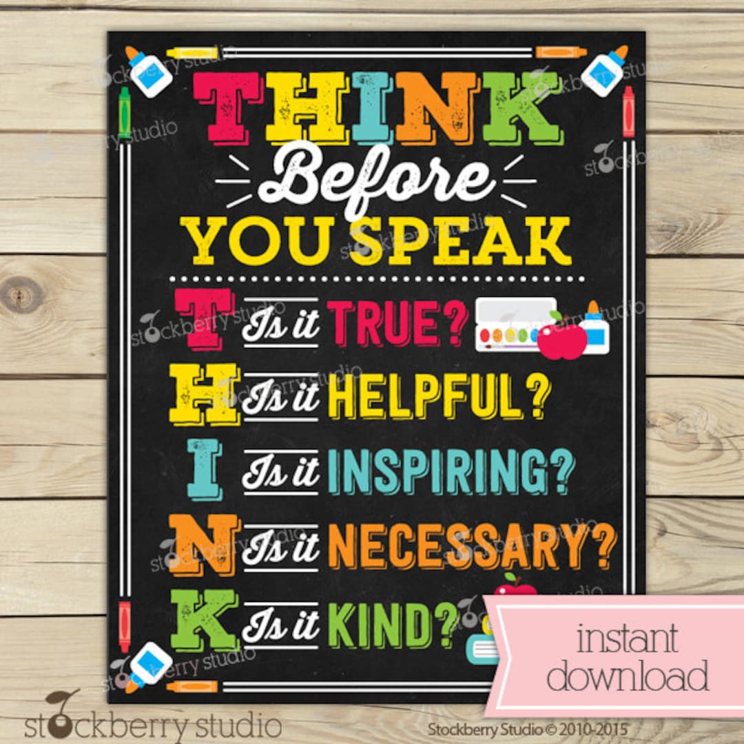 Think Before You Speak Sign - Classroom Rules - Classroom Decor ...