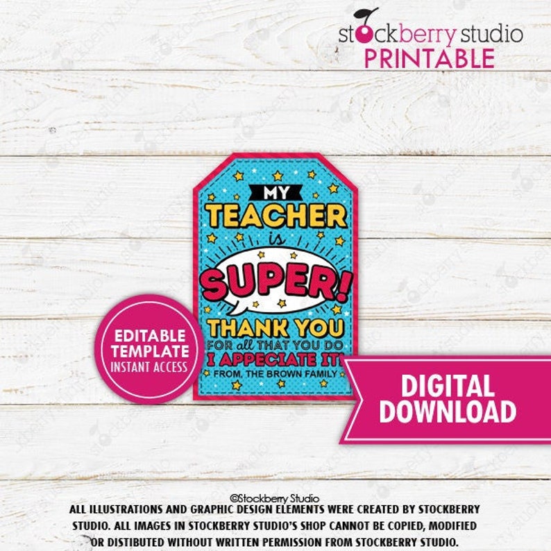 Super Hero Teacher Thank You Gift Tag Printable Editable - Etsy