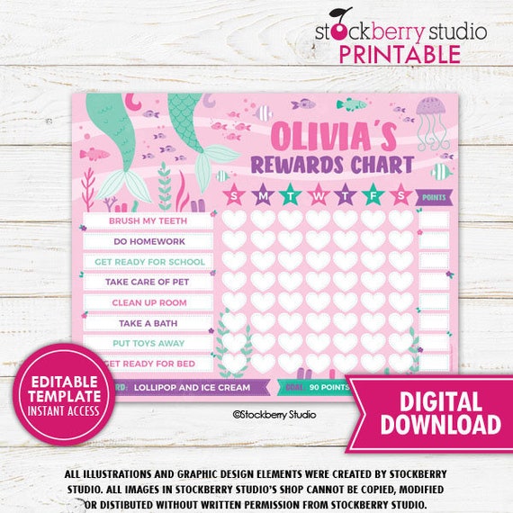 Mermaid Reward Chart Editable Girls Chore Chart Daily Responsibility ...